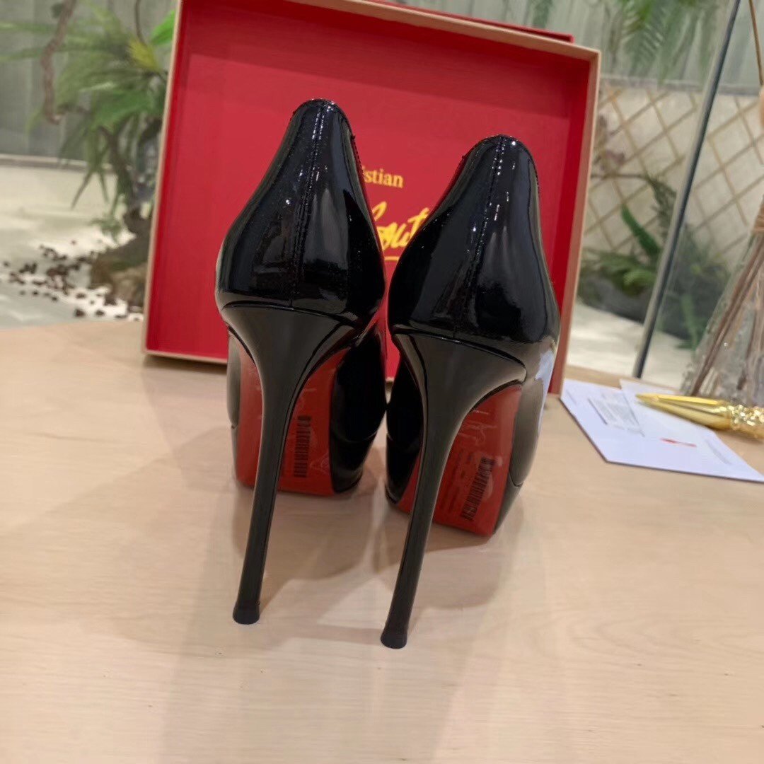 Christian Louboutin Black Patent Fetish Peep 130mm Pumps - Victor Kicks